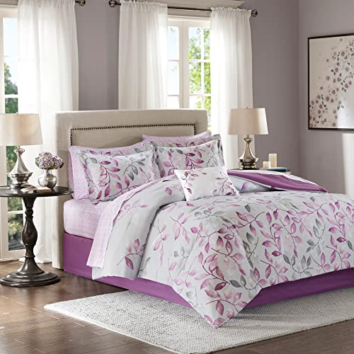 Madison Park Essentials Cozy Bed In A Bag Comforter with Complete Cotton Sheet Set - Trendy Floral Design All Season Cover, Decorative Pillow, Twin(68"x86"), Leaf Purple 9 Piece