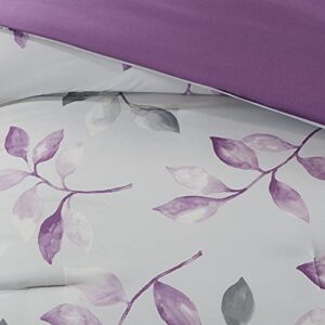 Madison Park Essentials Cozy Bed In A Bag Comforter with Complete Cotton Sheet Set - Trendy Floral Design All Season Cover, Decorative Pillow, Twin(68"x86"), Leaf Purple 9 Piece