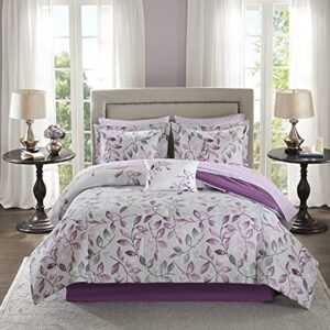 Madison Park Essentials Cozy Bed In A Bag Comforter with Complete Cotton Sheet Set - Trendy Floral Design All Season Cover, Decorative Pillow, Twin(68"x86"), Leaf Purple 9 Piece