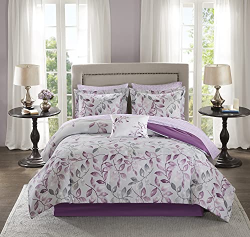 Madison Park Essentials Cozy Bed In A Bag Comforter with Complete Cotton Sheet Set - Trendy Floral Design All Season Cover, Decorative Pillow, Twin(68"x86"), Leaf Purple 9 Piece