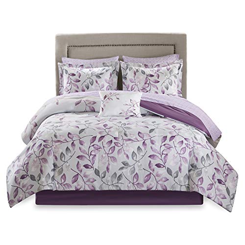 Madison Park Essentials Cozy Bed In A Bag Comforter with Complete Cotton Sheet Set - Trendy Floral Design All Season Cover, Decorative Pillow, Twin(68"x86"), Leaf Purple 9 Piece