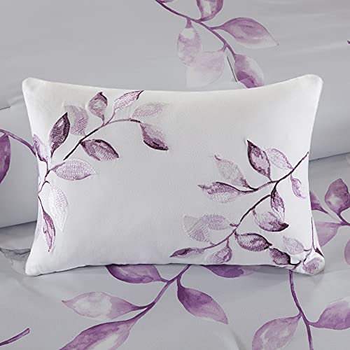 Madison Park Essentials Cozy Bed In A Bag Comforter with Complete Cotton Sheet Set - Trendy Floral Design All Season Cover, Decorative Pillow, Twin(68"x86"), Leaf Purple 9 Piece