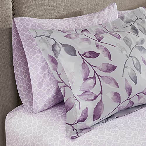 Madison Park Essentials Cozy Bed In A Bag Comforter with Complete Cotton Sheet Set - Trendy Floral Design All Season Cover, Decorative Pillow, Twin(68"x86"), Leaf Purple 9 Piece