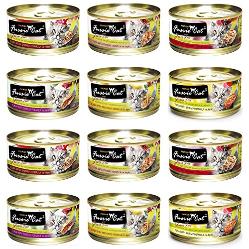 Fussie Cat Premium Grain-Free Canned Wet Food Variety Bundle - 2.8 Oz. - Tuna with Chicken, Tuna with Shrimp, Tuna with Oceanfish, Tuna with Salmon, Tuna with Mussels, and Tuna with Prawns (12 Pack)