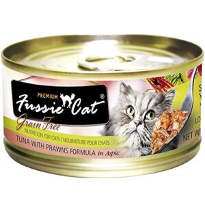 Fussie Cat Premium Grain-Free Canned Wet Food Variety Bundle - 2.8 Oz. - Tuna with Chicken, Tuna with Shrimp, Tuna with Oceanfish, Tuna with Salmon, Tuna with Mussels, and Tuna with Prawns (12 Pack)