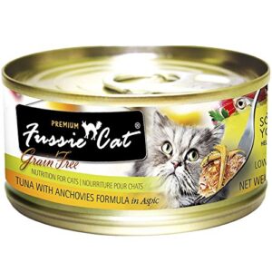 Fussie Cat Premium Grain-Free Canned Wet Food Variety Bundle - 2.8 Oz. - Tuna with Chicken, Tuna with Shrimp, Tuna with Oceanfish, Tuna with Salmon, Tuna with Mussels, and Tuna with Prawns (12 Pack)