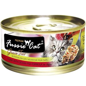 Fussie Cat Premium Grain-Free Canned Wet Food Variety Bundle - 2.8 Oz. - Tuna with Chicken, Tuna with Shrimp, Tuna with Oceanfish, Tuna with Salmon, Tuna with Mussels, and Tuna with Prawns (12 Pack)