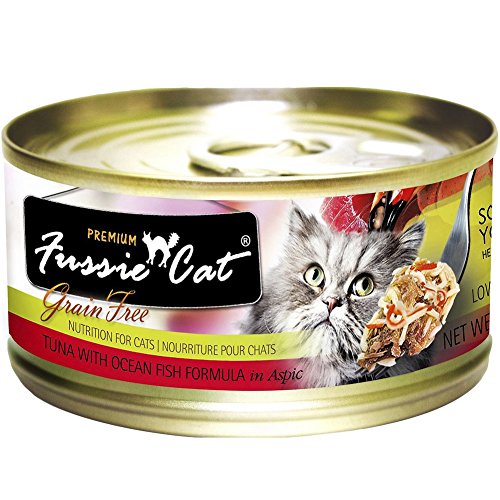 Fussie Cat Premium Grain-Free Canned Wet Food Variety Bundle - 2.8 Oz. - Tuna with Chicken, Tuna with Shrimp, Tuna with Oceanfish, Tuna with Salmon, Tuna with Mussels, and Tuna with Prawns (12 Pack)