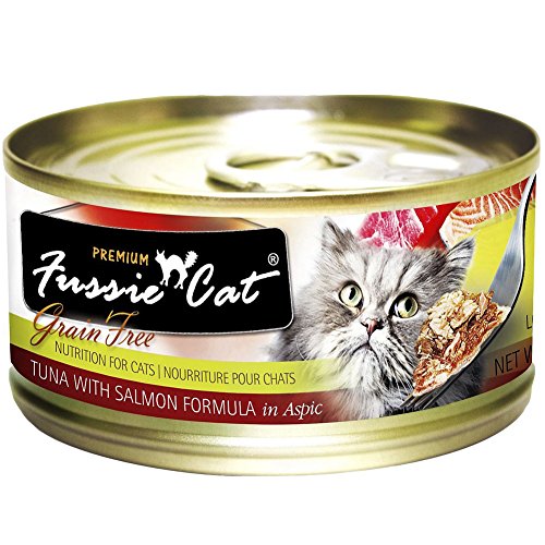 Fussie Cat Premium Grain-Free Canned Wet Food Variety Bundle - 2.8 Oz. - Tuna with Chicken, Tuna with Shrimp, Tuna with Oceanfish, Tuna with Salmon, Tuna with Mussels, and Tuna with Prawns (12 Pack)