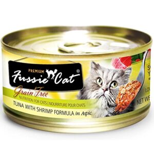 Fussie Cat Premium Grain-Free Canned Wet Food Variety Bundle - 2.8 Oz. - Tuna with Chicken, Tuna with Shrimp, Tuna with Oceanfish, Tuna with Salmon, Tuna with Mussels, and Tuna with Prawns (12 Pack)