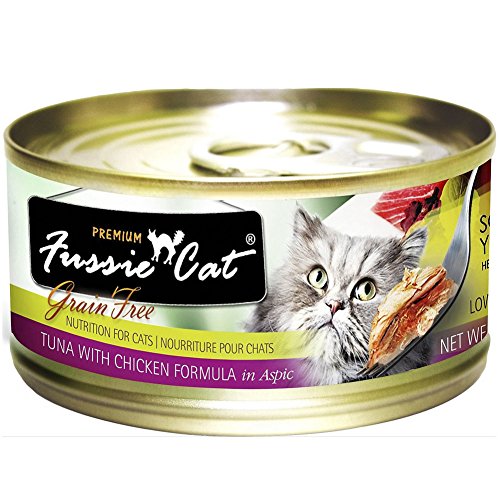 Fussie Cat Premium Grain-Free Canned Wet Food Variety Bundle - 2.8 Oz. - Tuna with Chicken, Tuna with Shrimp, Tuna with Oceanfish, Tuna with Salmon, Tuna with Mussels, and Tuna with Prawns (12 Pack)