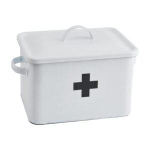 creative co-op vintage decorative enameled first aid box with lid and swiss cross, white and black