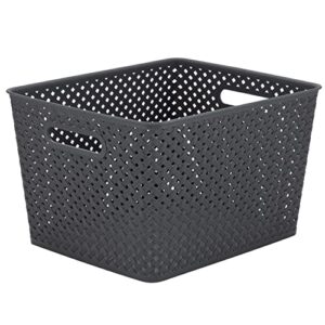 simplify large resin wicker tote | storage bin | plastic organizer | carrying handles | bathroom | pantry | accessories | toys | grey