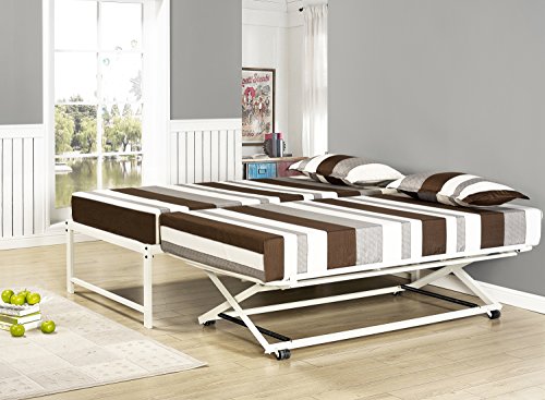 Kings Brand Furniture Twin Size White Metal Platform Bed With Pop Up Trundle