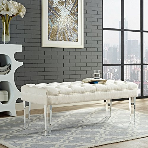 Modway Valet Tufted Button Performance Velvet Upholstered Bedroom Or Entryway Bench with Acrylic Legs in Ivory