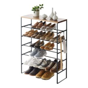 yamazaki home 6 tier wood top steel | shoe rack, one size, black