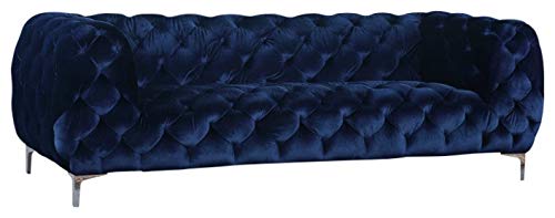 Meridian Furniture Mercer Collection Modern | Contemporary Low Back, Velvet Upholstered Sofa with Deep Button Tufting, and Custom Chrome Legs, Navy, 91" W x 35" D x 28.5" H