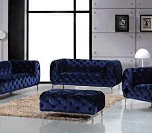 Meridian Furniture Mercer Collection Modern | Contemporary Low Back, Velvet Upholstered Sofa with Deep Button Tufting, and Custom Chrome Legs, Navy, 91" W x 35" D x 28.5" H