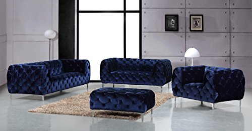 Meridian Furniture Mercer Collection Modern | Contemporary Low Back, Velvet Upholstered Sofa with Deep Button Tufting, and Custom Chrome Legs, Navy, 91" W x 35" D x 28.5" H