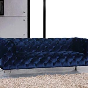 Meridian Furniture Mercer Collection Modern | Contemporary Low Back, Velvet Upholstered Sofa with Deep Button Tufting, and Custom Chrome Legs, Navy, 91" W x 35" D x 28.5" H