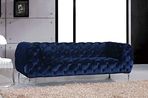 Meridian Furniture Mercer Collection Modern | Contemporary Low Back, Velvet Upholstered Sofa with Deep Button Tufting, and Custom Chrome Legs, Navy, 91" W x 35" D x 28.5" H