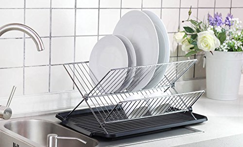 Neat-O Deluxe Chrome-Plated Steel Foldable X Shape 2-Tier Shelf Small Dish Drainers with Drainboard (BlackII)