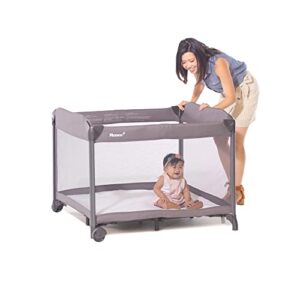 joovy room² large portable playpen for babies and toddlers with nearly 10 sq ft of space, large mesh windows for 360 view, and waterproof mattress sheet - folds easily when not in use (charcoal)