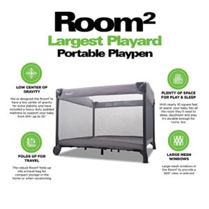 Joovy Room² Large Portable Playpen for Babies and Toddlers with Nearly 10 sq ft of Space, Large Mesh Windows for 360 View, and Waterproof Mattress Sheet - Folds Easily when Not in Use (Charcoal)