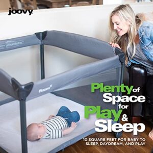 Joovy Room² Large Portable Playpen for Babies and Toddlers with Nearly 10 sq ft of Space, Large Mesh Windows for 360 View, and Waterproof Mattress Sheet - Folds Easily when Not in Use (Charcoal)