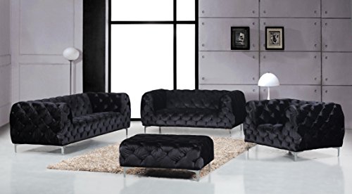 Meridian Furniture Mercer Collection Modern | Contemporary Low Back, Velvet Upholstered Sofa with Deep Button Tufting, and Custom Chrome Legs, Black, 91" W x 35" D x 28.5" H