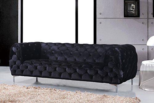 Meridian Furniture Mercer Collection Modern | Contemporary Low Back, Velvet Upholstered Sofa with Deep Button Tufting, and Custom Chrome Legs, Black, 91" W x 35" D x 28.5" H