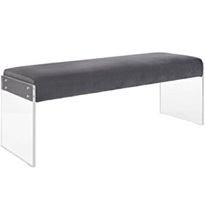 modway roam modern upholstered bench with acrylic base in gray velvet