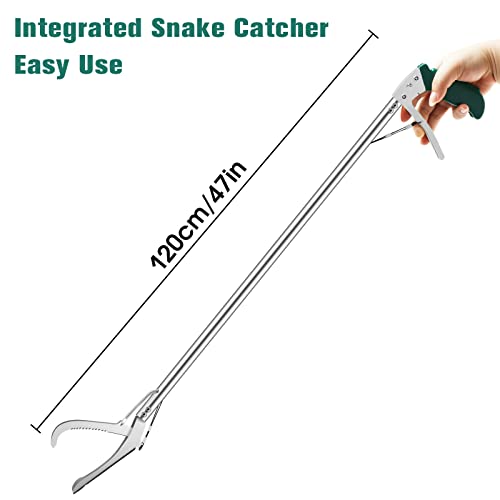 KONKY 47-Inch Stainless Steel Professional Snake Catcher, Reptile Grabber Standard Snake Tong Stick Outdoor Handling Tool Trash Picker with Zigzag Wide Jaw, for Camping, Garden, Jungle, Bush, Desert.