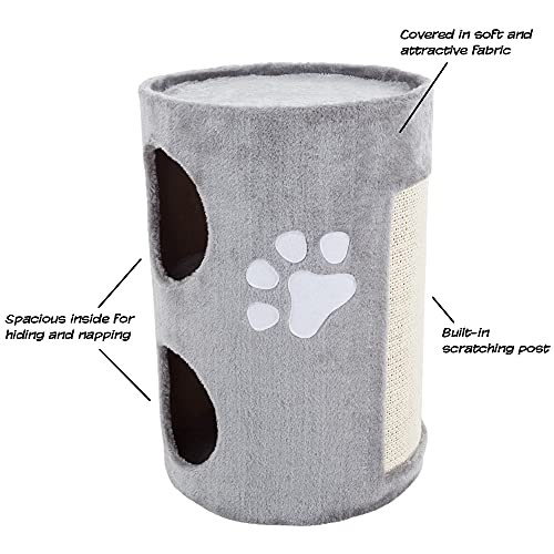 20.5-Inch Cat Condo – 2 Story Cat House with Sisal Scratch Pad, Barrel Shaped Pet House Covered in Soft Fabric by PETMAKER (Gray)