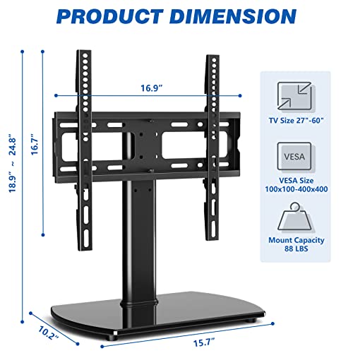 Universal Swivel Table Top TV Stand Base Replacement for 27 32 37 39 40 43 49 50 55 60 Inch LCD LED Flat Screens up to 88 lbs, Height Adjustable Pedestal TV Mount with Tempered Glass Base