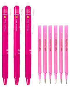 pilot frixion ball knock retractable erasable gel ink pens, extra fine point 0.5mm, pink ink, 3 pens & 6 refills value set