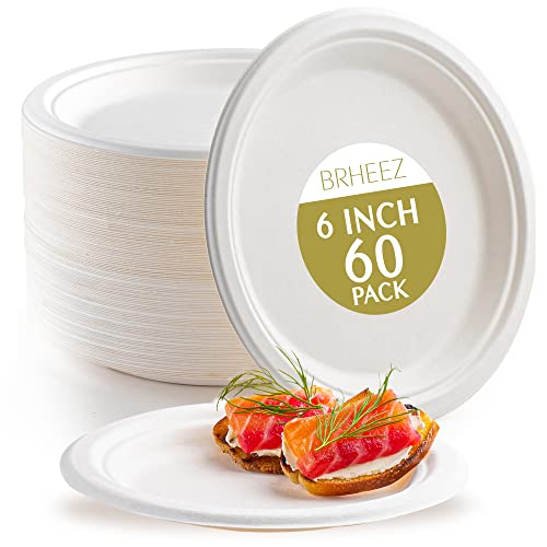 brheez 6 in Disposable Plates Paper Plates Alternative Compostable Plates Heavy Duty [Pack of 60] Eco-Friendly 100% Plant Fiber Biodegradable