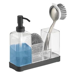 mdesign plastic kitchen sink countertop liquid hand soap dispenser pump bottle organizer holder with storage for kitchen, bathroom - holds dish sponge and brushes - omni collection - matte black/clear