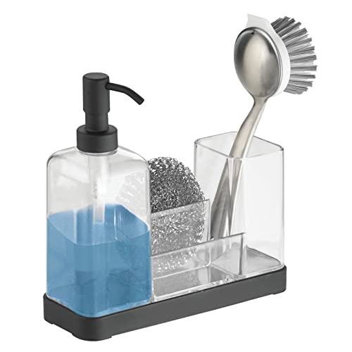 mDesign Plastic Kitchen Sink Countertop Liquid Hand Soap Dispenser Pump Bottle Organizer Holder with Storage for Kitchen, Bathroom - Holds Dish Sponge and Brushes - Omni Collection - Matte Black/Clear