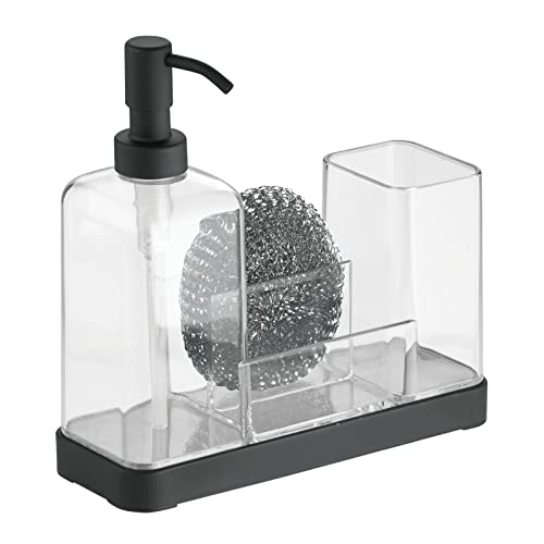 mDesign Plastic Kitchen Sink Countertop Liquid Hand Soap Dispenser Pump Bottle Organizer Holder with Storage for Kitchen, Bathroom - Holds Dish Sponge and Brushes - Omni Collection - Matte Black/Clear