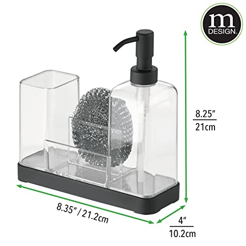 mDesign Plastic Kitchen Sink Countertop Liquid Hand Soap Dispenser Pump Bottle Organizer Holder with Storage for Kitchen, Bathroom - Holds Dish Sponge and Brushes - Omni Collection - Matte Black/Clear