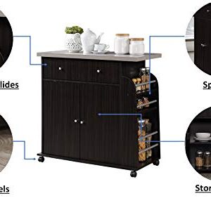 Hodedah Import Kitchen Island with Spice Rack and Towel Rack, Chocolate