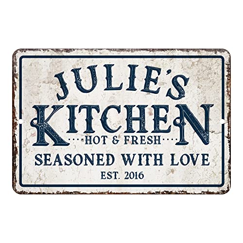 Personalized Vintage Distressed Look Kitchen Seasoned with Love Metal Room Sign (8x12 Inches)