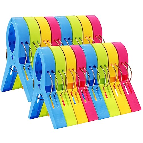 ESFUN 16 Pack Beach Towel Clips Chair Clips Towel Holder for Pool Chairs on Cruise-Jumbo Size,Plastic Clothes Pegs Hanging Clip Clamps to Keep Your Towel from Blowing Away,Fashion Bright Color