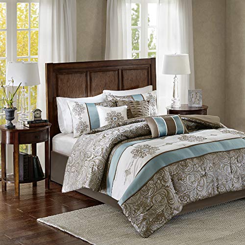 Madison Park Comforter Faux Silk-Traditional Luxurious Jacquard Design All Season Set, Matching Bed Skirt, Decorative Pillows, King(104"x92"), Blue 7 Piece