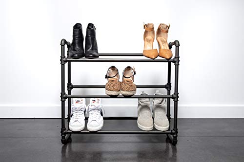 Real Home Innovations Modern Industrial Style 3 Tier Shoe Rack, 26.2” W x 8.2” D x 24”H, Satin Pewter