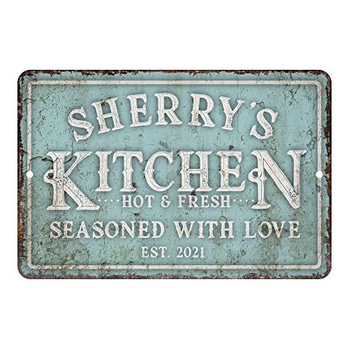 Personalized Vintage Distressed Look Mint Kitchen Seasoned with Love Metal Room Sign (8x12 Inches)