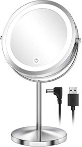 alhakin lighted makeup mirror, 10x makeup mirror with lights, 7 inch double sided magnifying vanity mirror with 3 color led dimmable desk lit cosmetic mirror, chrome