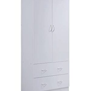 HODEDAH IMPORT Two Door Wardrobe, with Two Drawers, and Hanging Rod, White.