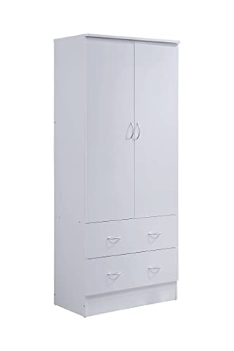 HODEDAH IMPORT Two Door Wardrobe, with Two Drawers, and Hanging Rod, White.